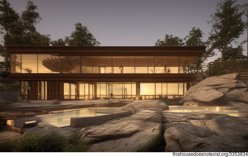 A modern architecture home designed with an exposed timber frame, glass ...