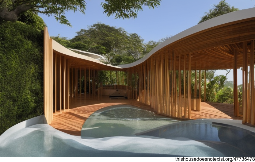 A curved bamboo and bejuca house with meandering vines and a steaming ...