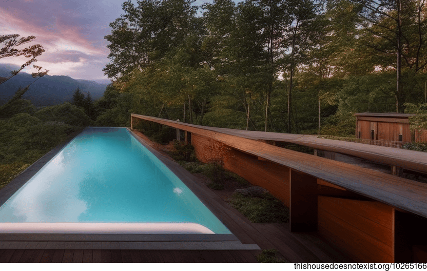 A Sunset Steaming Pool and Exposed Curved Timber House in Sapporo ...