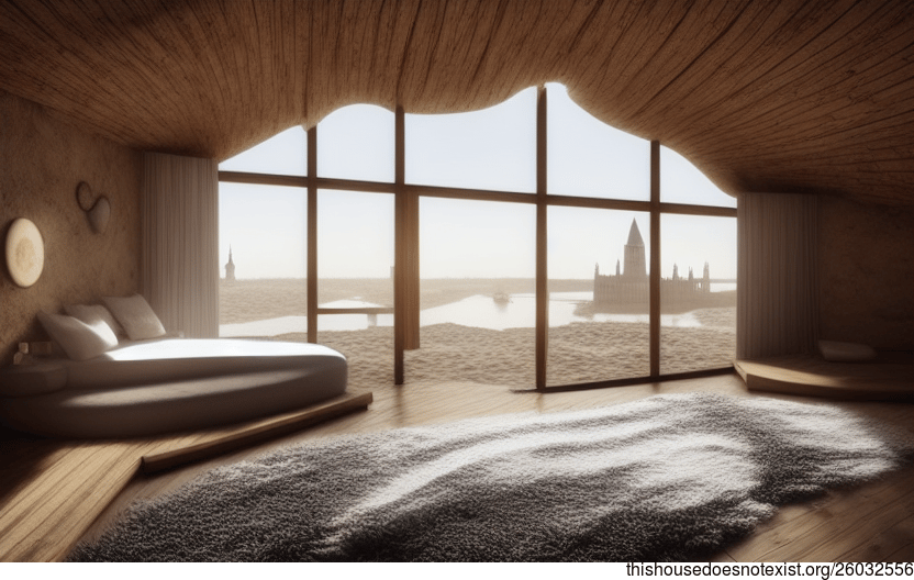 Tribal Bedroom Interior With Exposed Triangular Wood, Curved Stone, and ...