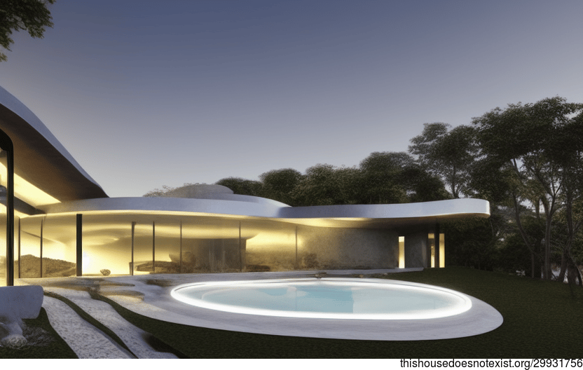 A mycelium-printed, curved glass and wood house with an infinity pool ...